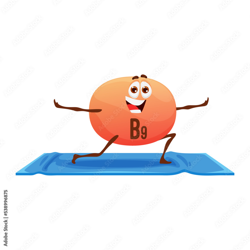Cartoon vitamin character, B9 personage on yoga fitness. Isolated ...