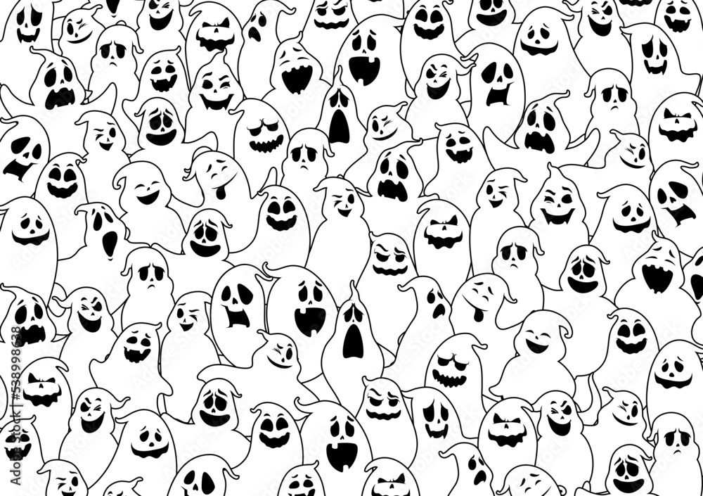 Cartoon halloween ghosts pattern. Monochrome vector ornament, creative ...