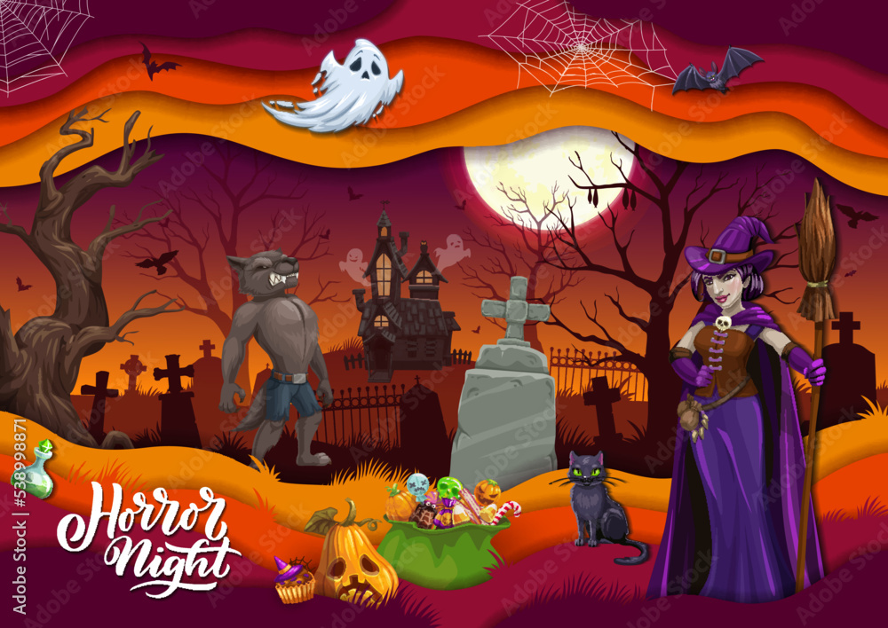 Halloween paper cut cartoon characters and sweets. Vector 3d papercut ...