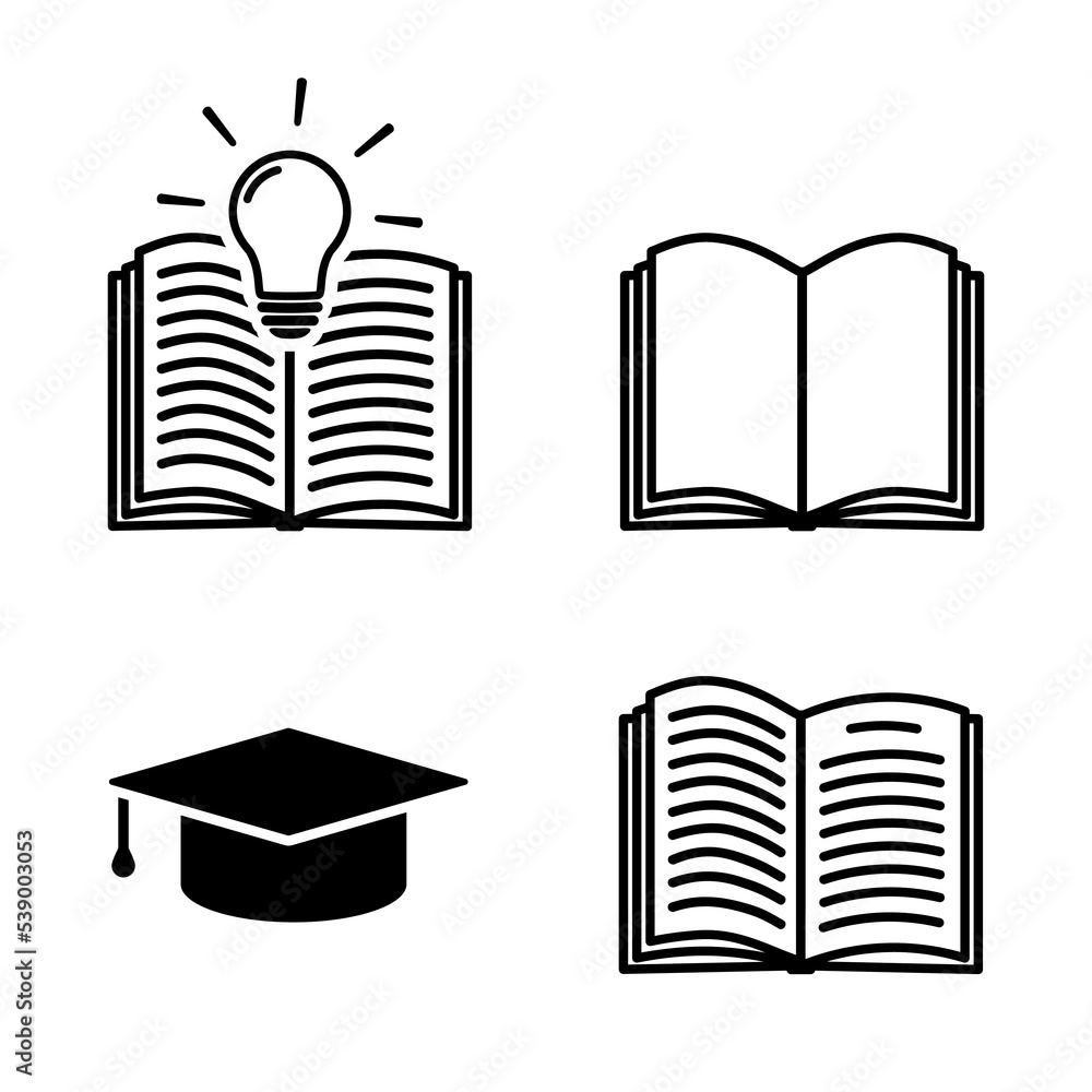 Learning icon set in flat style. Education symbols with open book ...
