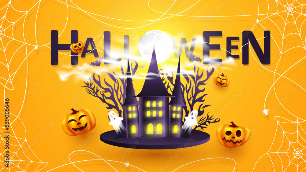 Happy halloween greeting background design with fog clouds and pumpkins ...