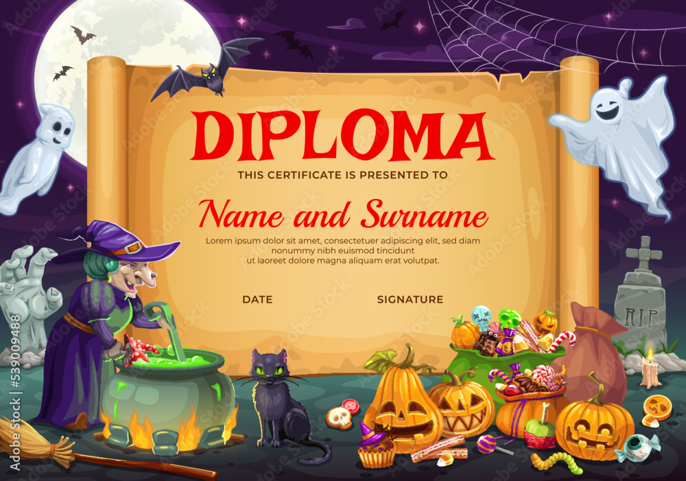 Halloween kids diploma. Cartoon witch and holiday candies or sweets ...