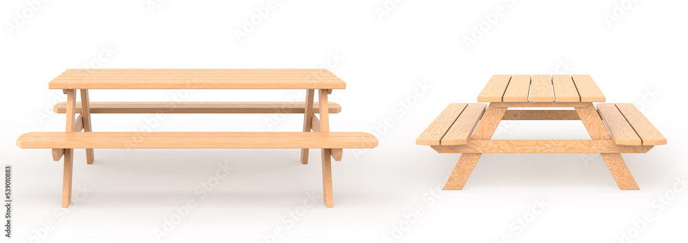 Wooden picnic table with long benches front and side view. Wood ...