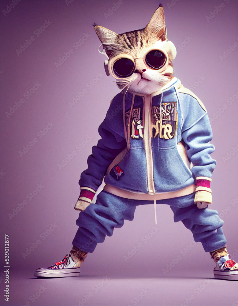 Portrait of a Cute little kitty cat. Posing at a photoshoot in Hiphop ...