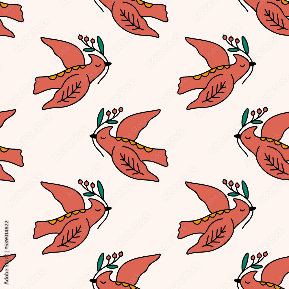 Xmas groovy red cardinal bird funny seamless pattern background. Doodle ...