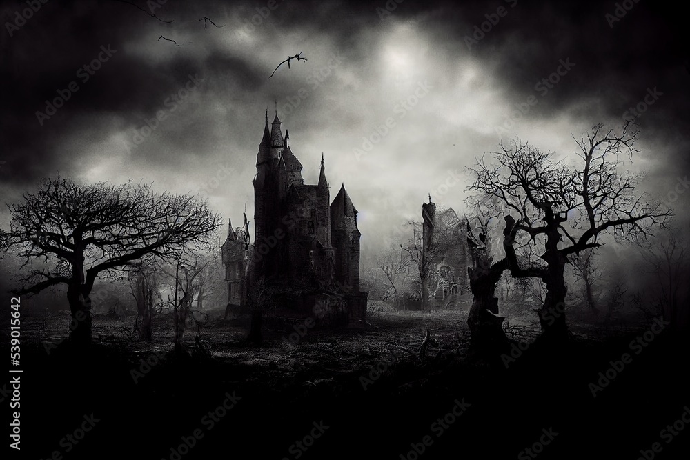 Dark victorian castle with dead trees in creepy fantasy landscape Stock ...