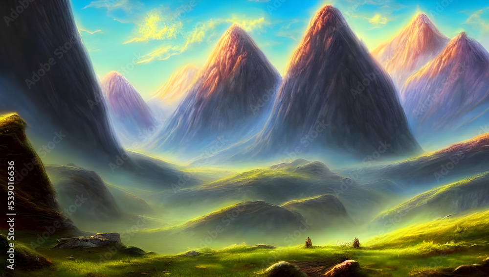 mountains with trees, meadow, clouds and mist - valley landscape ...