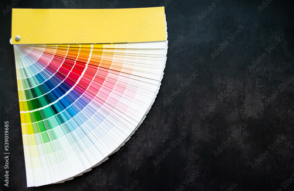 Paper fan paint swatch interior design, wall painting. Black background ...