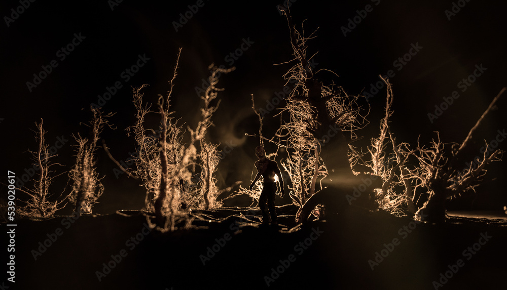 Silhouette of person standing in the dark forest. Horror halloween ...