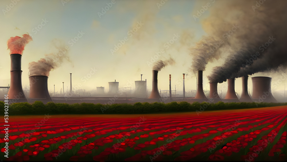 a dark industrial factory with smoke and fire from the chimney and smog ...
