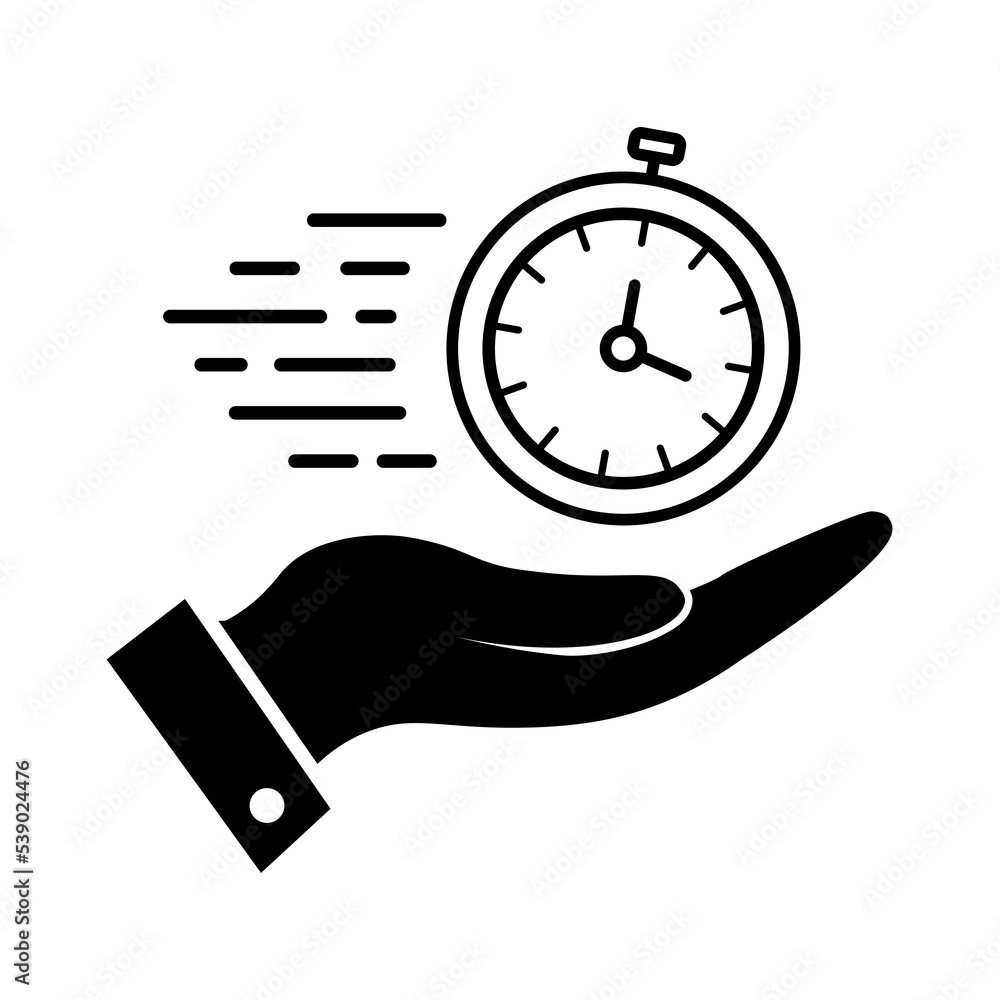 Stopwatch in hand icon in flat style. Deadline symbol in black. Fast ...