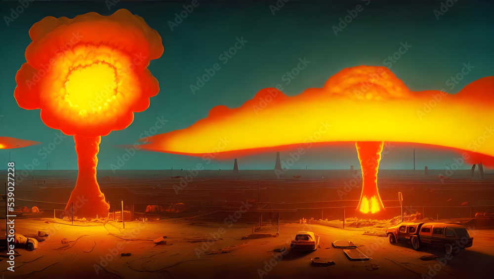 atomic explosion over a city with a mushroom cloud - oil painting ...
