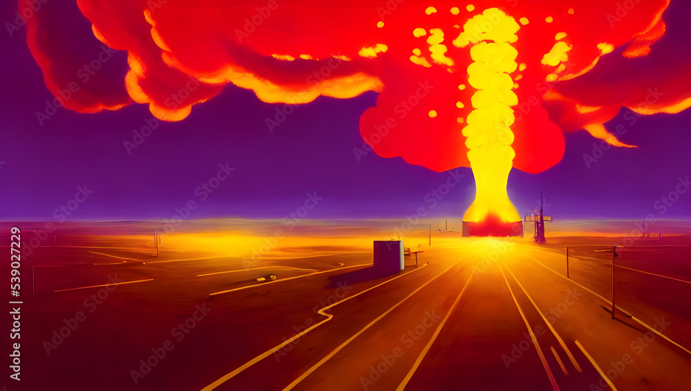 atomic explosion over a city with a mushroom cloud - oil painting ...