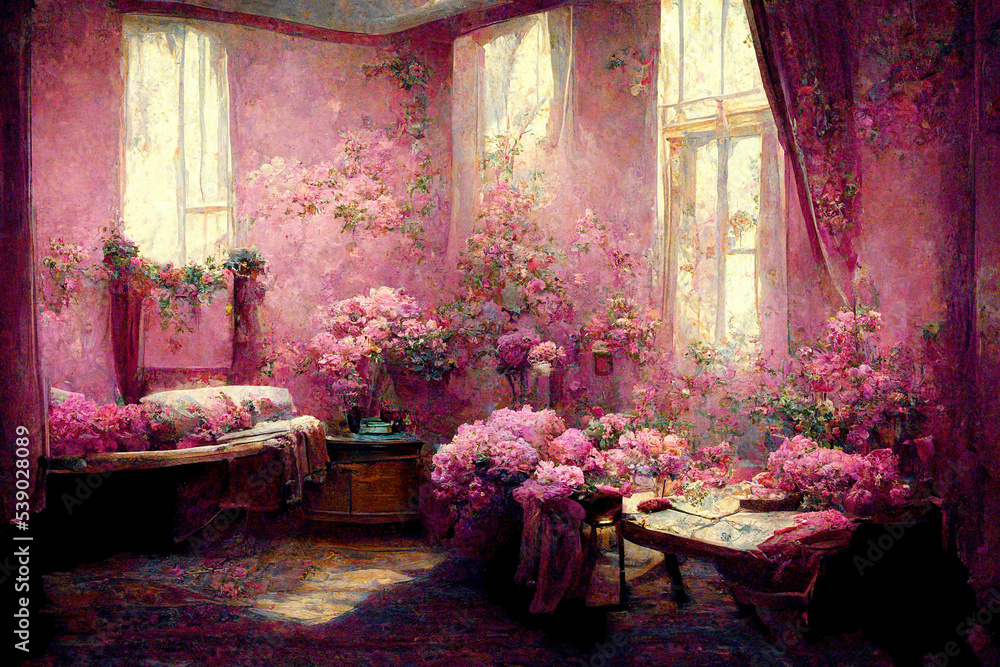 Pink castle living room strewn red roses all around the door and window ...