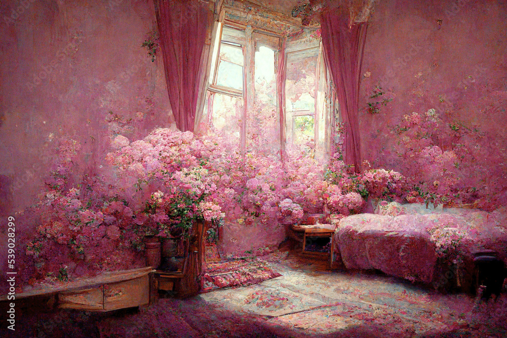 Pink castle living room strewn red roses all around the door and window ...