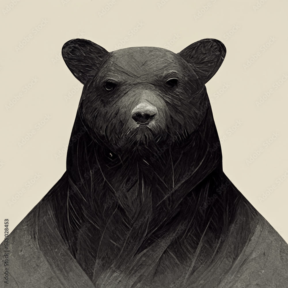Drawn bear portrait. Standing bear. Computer graphics of a brown bear ...