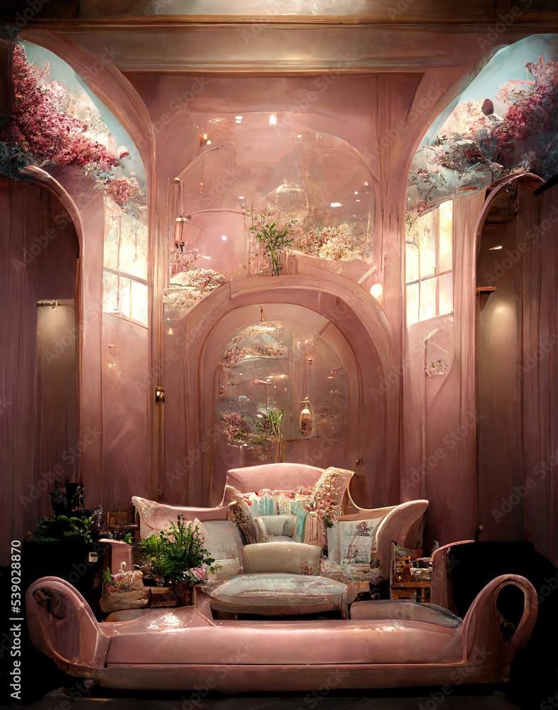 Pink castle living room strewn red roses all around the door and window ...