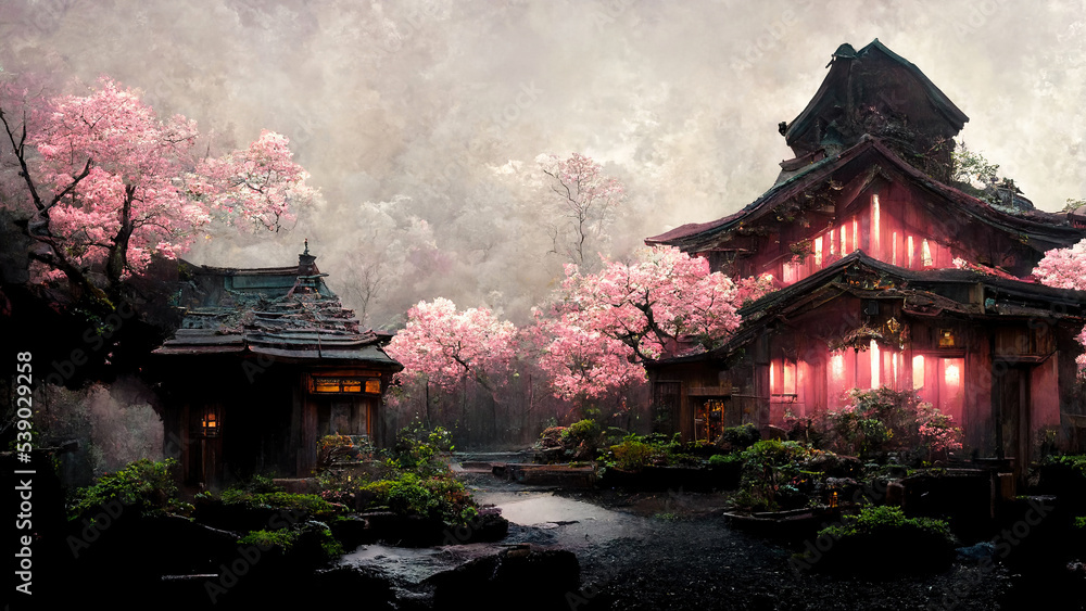 Antique Japanese temple with cherry blossom. AI created a digital art ...