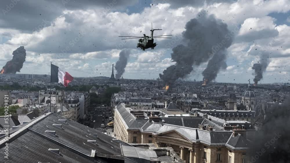 Army Helicopter flying over destroyed Paris city, aerial view France ...
