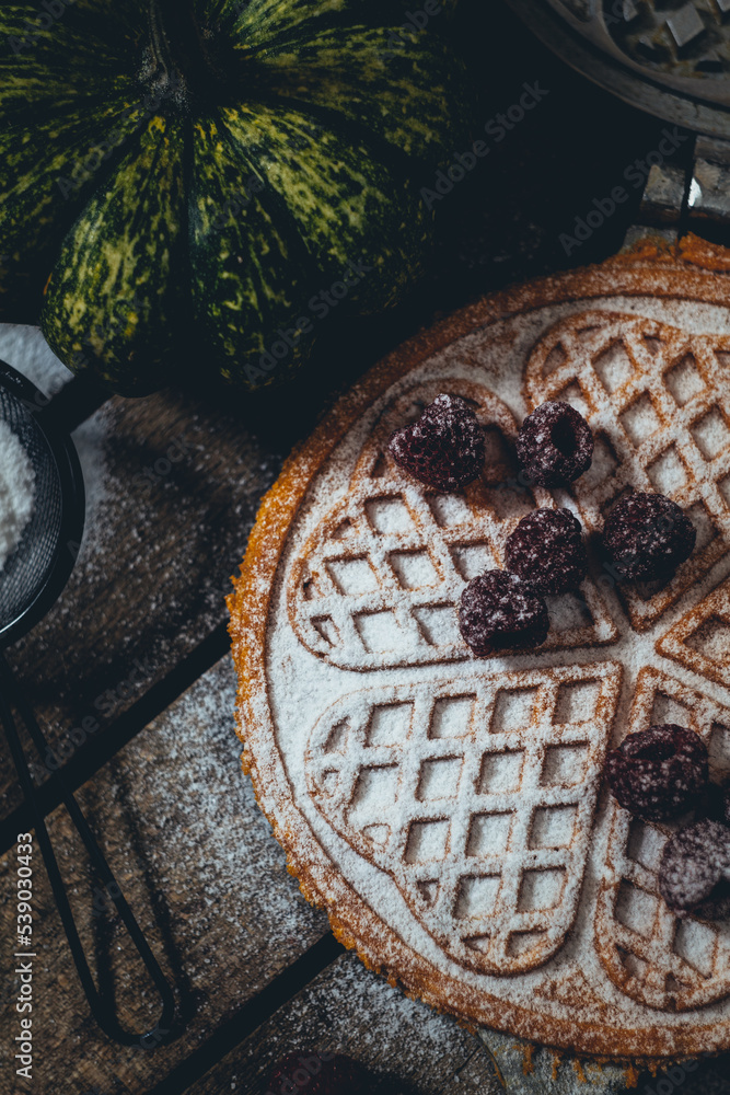 Food photography in a low key pumpkin waffles in a retro waffle iron ...