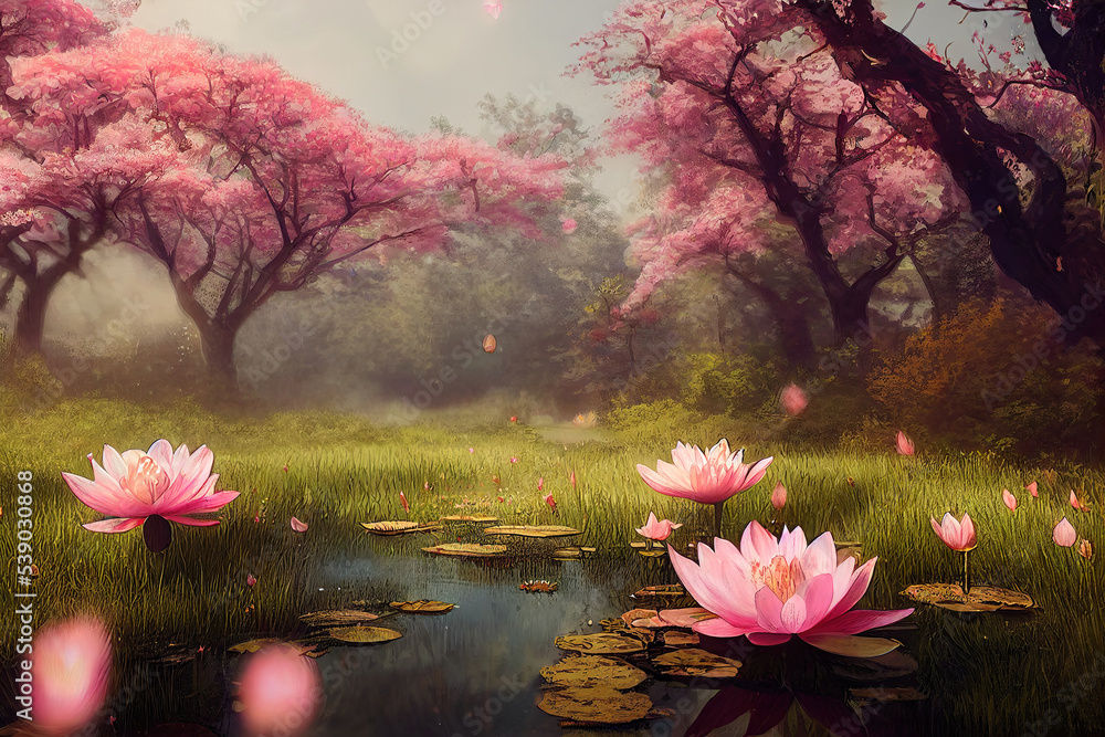 beautiful pink water lilies flowers in water, blossoming sakura trees ...
