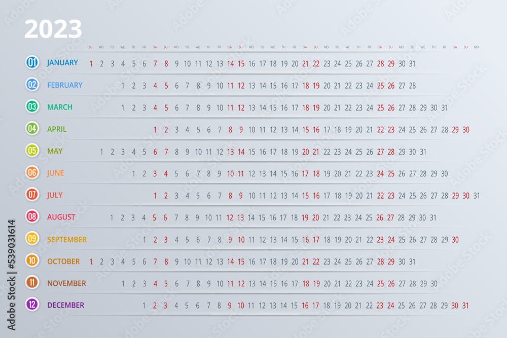 Calendar linear for 2023 year. Stationery Design Print Template. Yearly ...