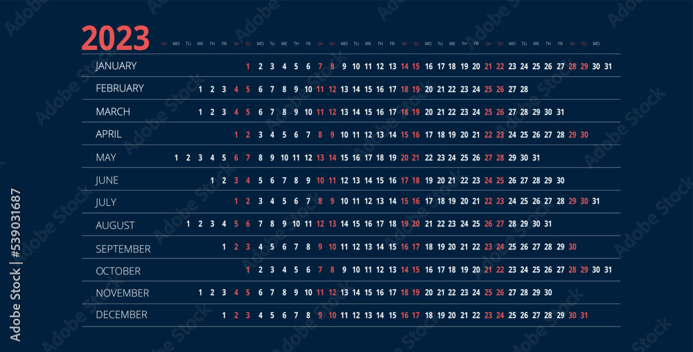 Calendar linear for 2023 year. Stationery Design Print Template. Yearly ...