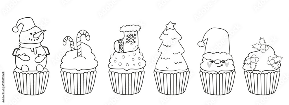 Christmas coloring page for kids. Christmas cupcakes. Snowman, candy ...