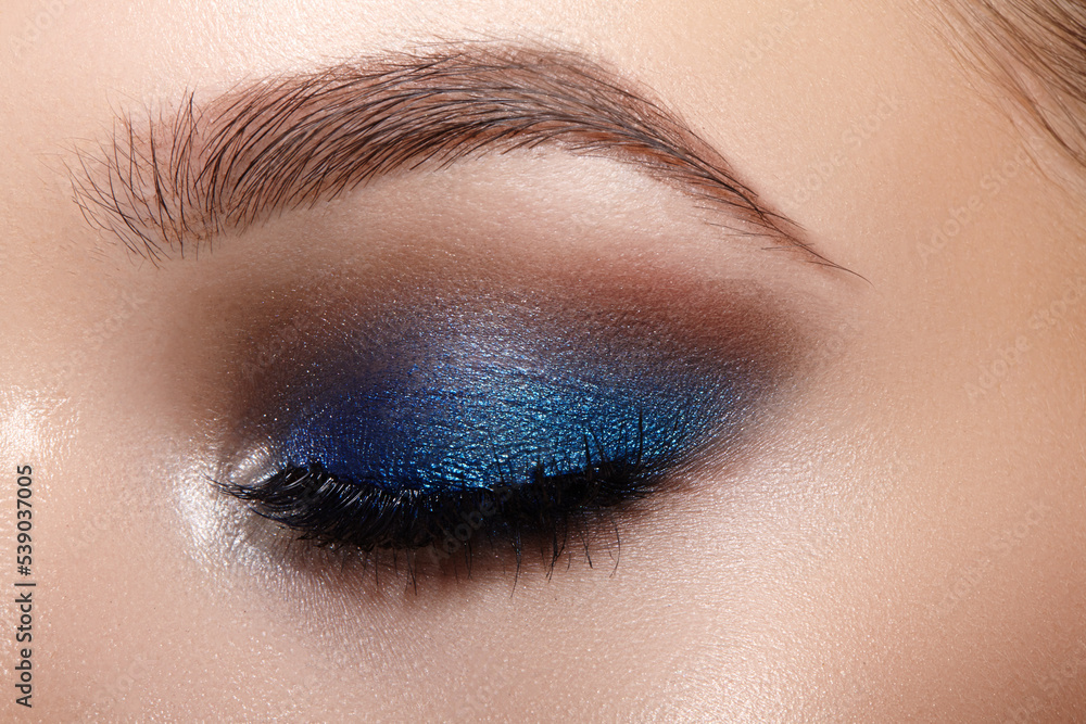 Closeup Macro of Woman Face with Blue Eyes Make-up. Fashion Celebrate ...