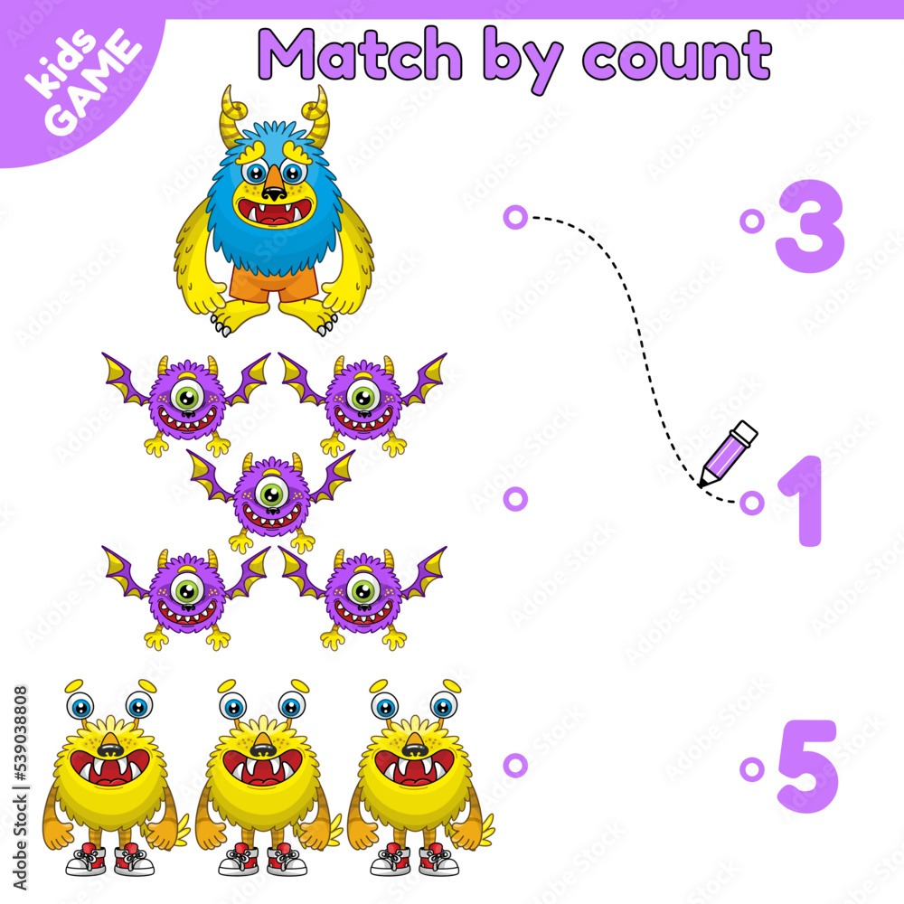 Count and match cartoon monsters and numbers. Mathematical educational ...