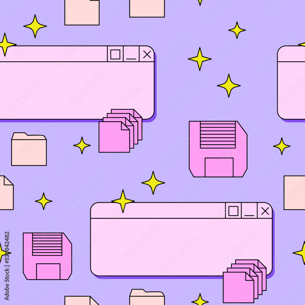 Seamless pattern with old computer elements, windows, folder icons and diskette. Vector ...