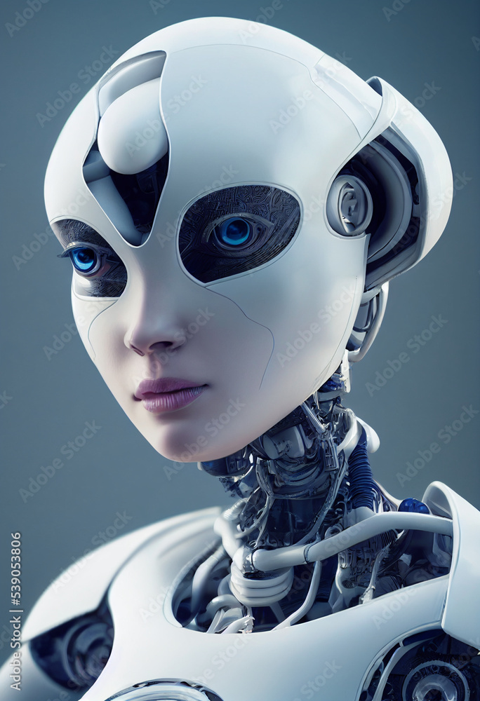 Digital 3d drawing art of a cyborg illustrated with the face of a real young woman combined with ...