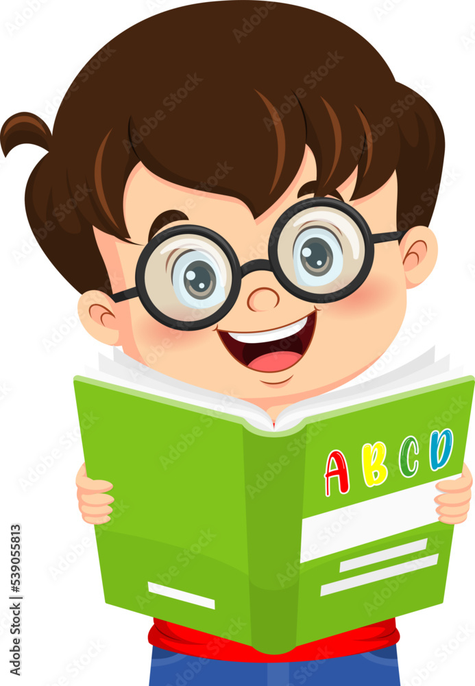 Cartoon little boy reading a book Stock Vector | Adobe Stock