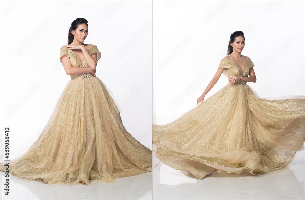 Princess wear Gold glitter Evening Gown ball dress and spin fluttering ...