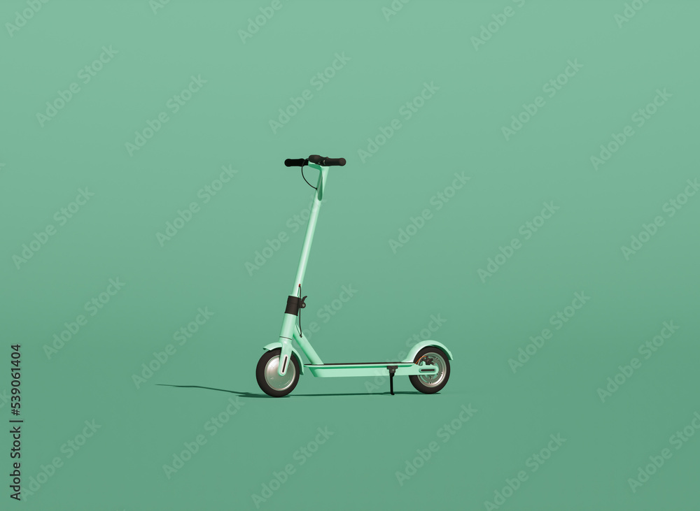 Eco green sport equipment scooter on green background. Pastel blue ...