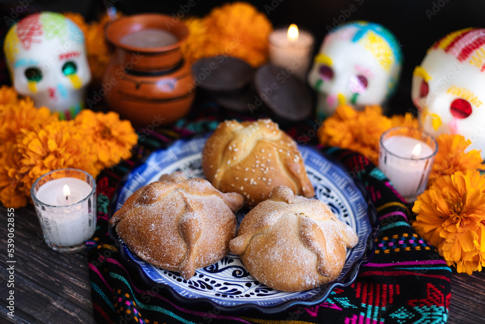 Hojaldra pan de muerto, Mexican bread on Altar with sugar skull and hot ...