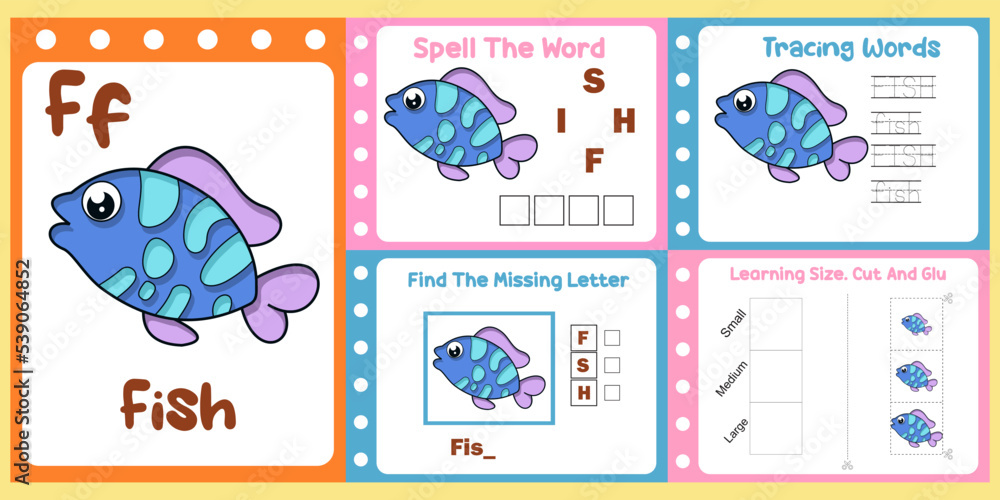 Vetor de worksheets pack for kids with fish vector. children's study ...
