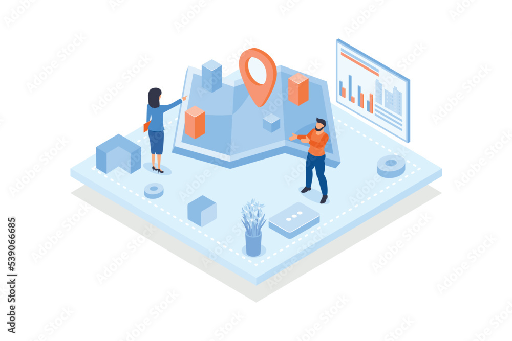 Conceptual template with people looking at city map with buildings ...