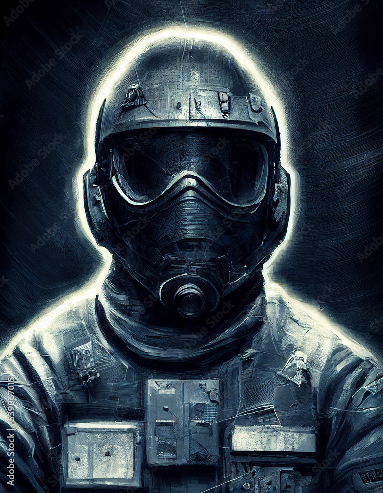 Digital painting of a well-equipped super soldier wearing a gas mask ...