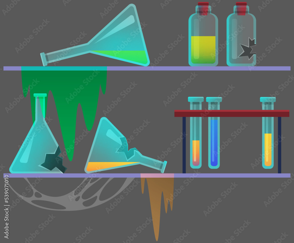 Vecteur Stock Broken laboratory beaker. Test tube on dark background on ...