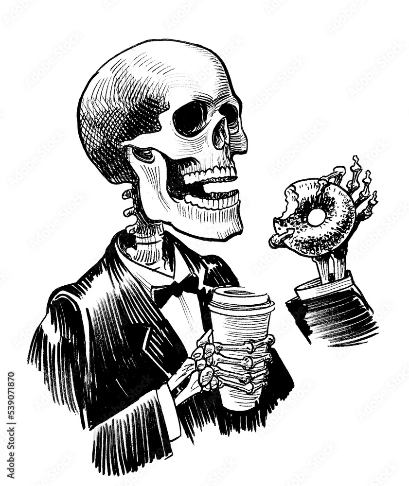 Human skeleton drinking coffee and eating doughnut. Ink black and white ...