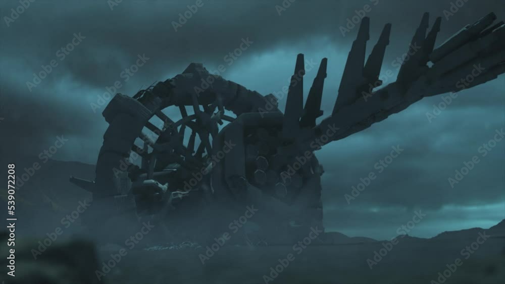 Cinematic shot of a stormy ancient alien crash site, with a smooth ...