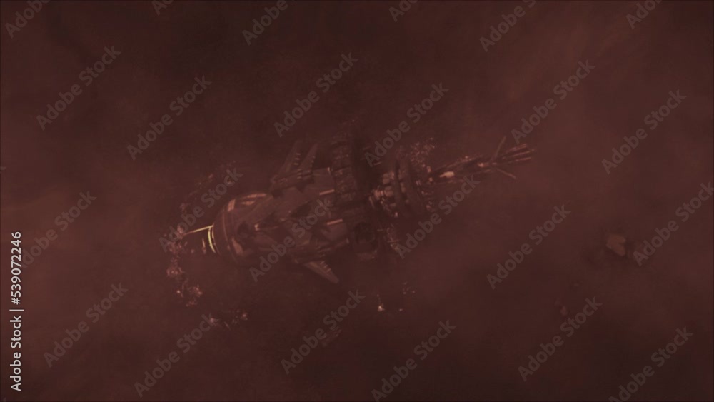 Cinematic aerial rotating shot of a stormy ancient alien crash site ...