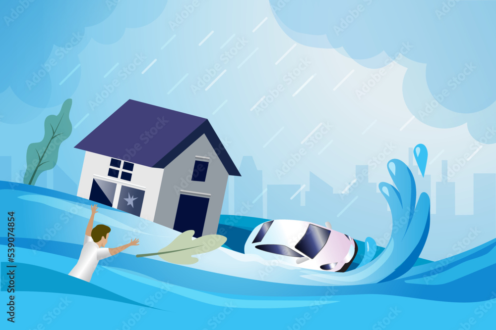 Flooding wave from raining storm typhoon take away house, car and flood ...