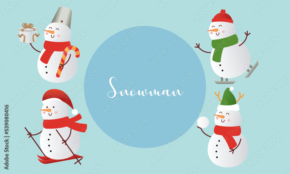 Set of cartoon snowmen in different poses vector illustration Stock ...