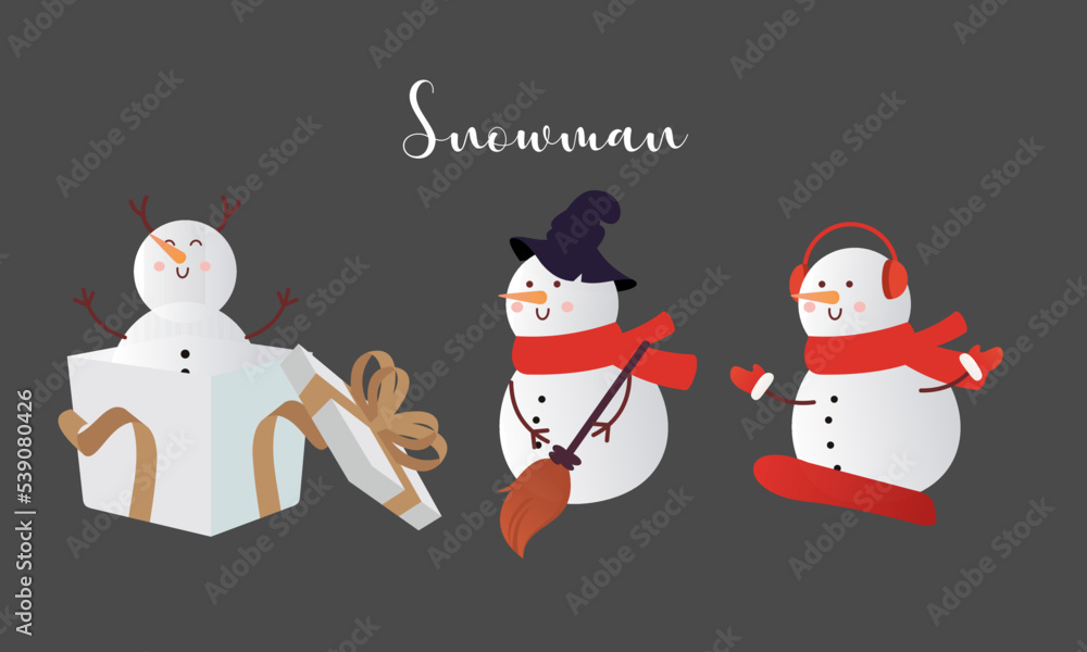 Set of cartoon snowmen in different poses vector illustration Stock ...