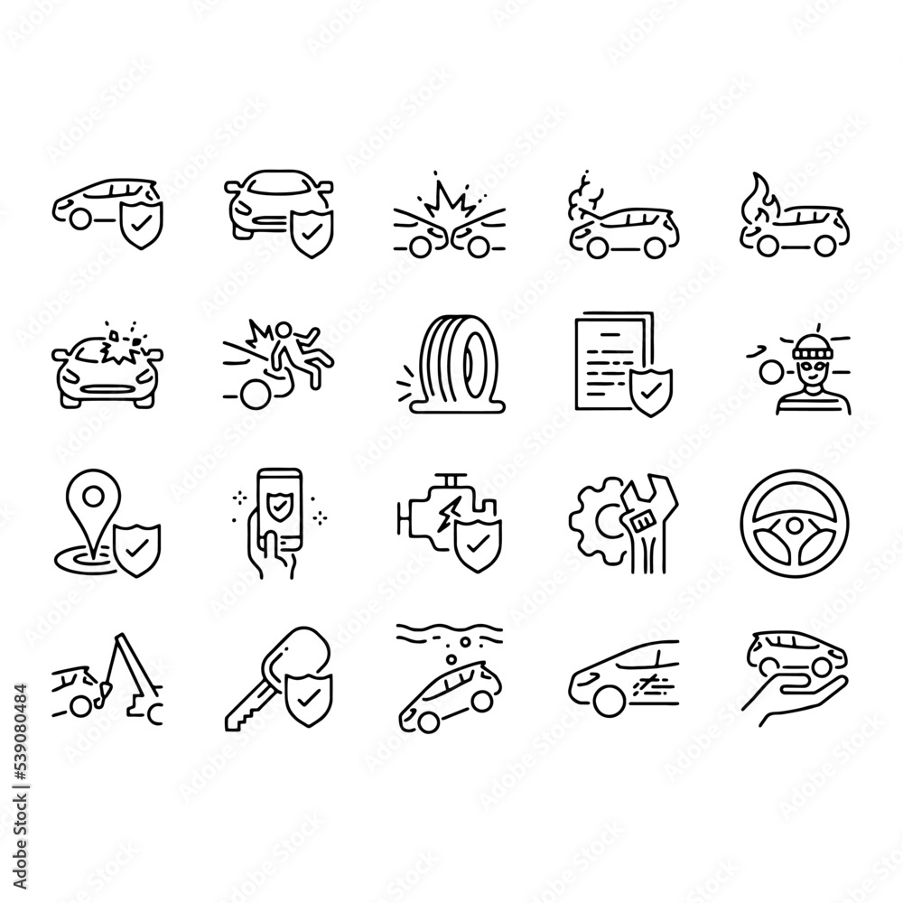Insurance icon set. Protection of health, life and property, linear ...