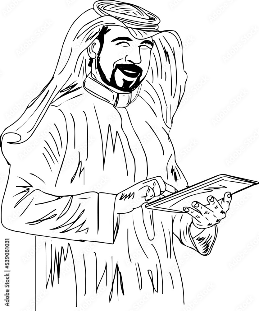 vector illustration of an arab man holding a tab, sketch drawing of an ...