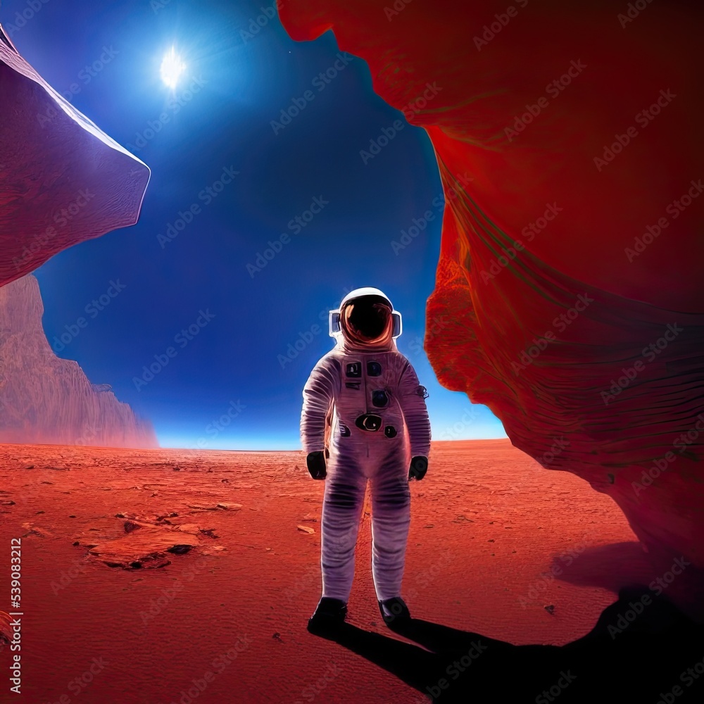 Astronaut on Mars, Spaceman Standing on the Rocky Alien Red Planet of ...