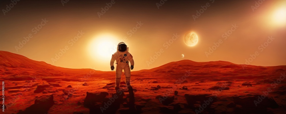 Astronaut on Mars, Spaceman Standing on the Rocky Alien Red Planet of Mars, Exploration of the ...